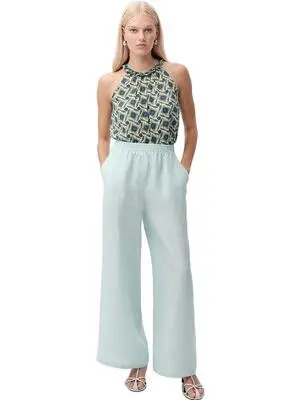 EXQUISE Elasticated Waist Linen Blend Trousers - Blue