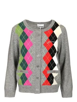 GANNI GANNI Argyle Merino Wool & Cashmere Cardigan Gray