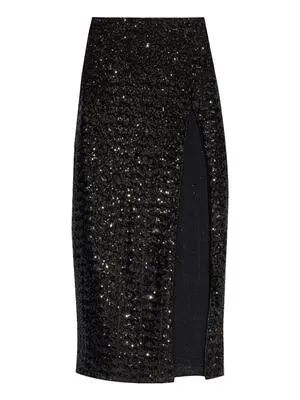 Oseree Sequined Midi Skirt With Slit - Black
