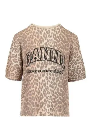 GANNI GANNI Leopard Print Wool Blend T-Shirt Multicolor