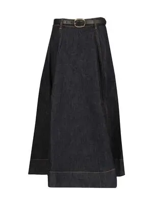 SELF-PORTRAIT SELF-PORTRAIT Flared Denim Midi Skirt With Removable Belt