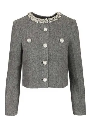 SELF-PORTRAIT Herringbone Jacket With Crystal Trim - Gray