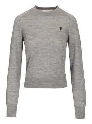 AMI Paris Crewneck Sweater With Contrasted De Coeur Embroidery - Gray