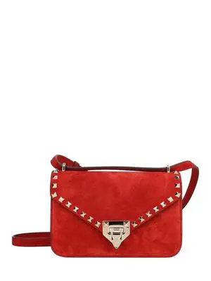 Valentino Garavani VALENTINO GARAVANI Small Rockstud Suede Shoulder Bag Red