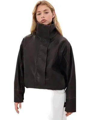 Lioness Shoreline Funnel Neck Faux Leather Jacket - Chocolate