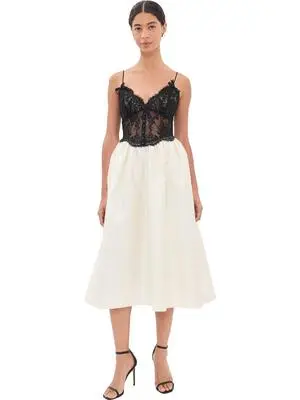 SELF-PORTRAIT Taffeta Contrast Lace Midi Dress - Cream