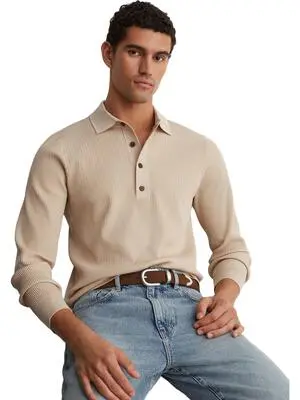 REISS Admiral Ribbed Half-button Polo Shirt - Stone