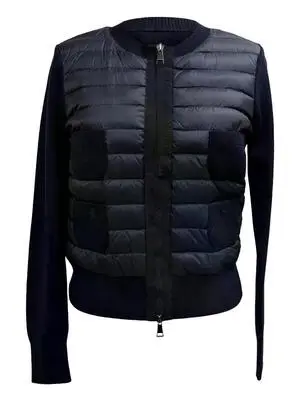 MONCLER Moncler Vintage Navy Blue Wool Quilted Panel Zip-Up Cardigan