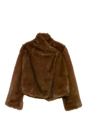 B&B COUTURE Faux Fur Lapel Collar Coat - Brown