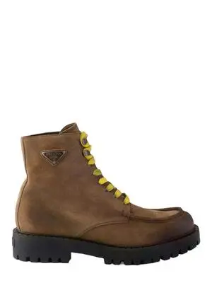 Prada Aged Suede Lace-up Ankle Boots - Brown