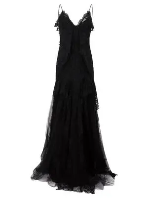 Alberta Ferretti Lace-trimmed Layered V-neck Maxi Dress - Black