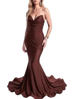 JESSICA ANGEL Ruched Mermaid Gown With Train - Brown