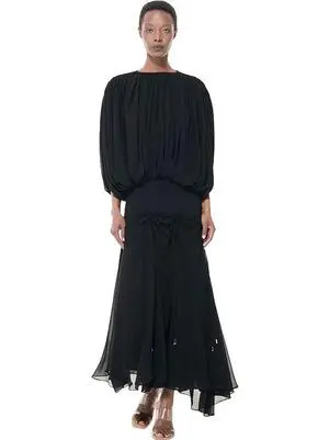 LEEM Smocked Waist Skirt With Asymmetric Hem And Metallic Bead Details - Black