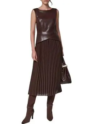 Donna Karan New York Faux Leather & Pleated Dress - Espresso
