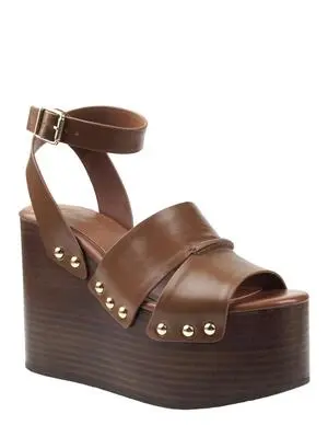CANDIE'S Savoyy Faux Leather Wedge Sandal With Stud Detailing - Brown