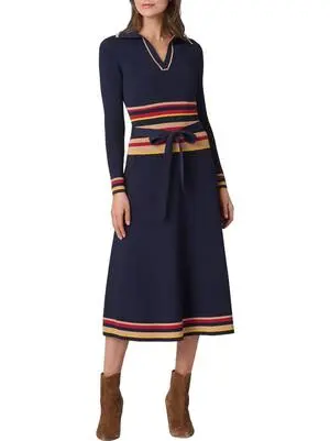 Shoshanna Multicolor Stripe Knit Midi Dress - Navy Multi