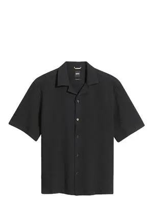 BOSS Lars Relaxed Fit Seersucker Camp Shirt - Black