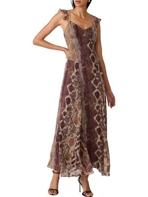 Steve Madden Estela Maxi Dress With Snakeskin Print And Ruffled Cap Sleeves - Bronze