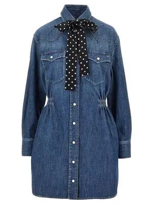 Valentino Garavani Denim Mini Dress With Silk Bow Detail - Blue