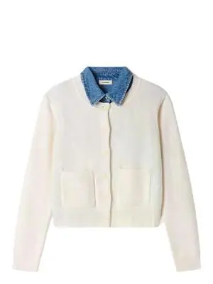 Sandro SANDRO Ecru Fine-Knit Cardigan With Denim Collar Neutrals