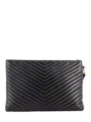 Saint Laurent Classic Monogram Wristlet Pouch Matelasse Chevron Leather Clutch Bag - Black