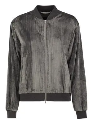 Peserico Stretch Corded Velvet Bomber Jacket With Silk Details - Gray