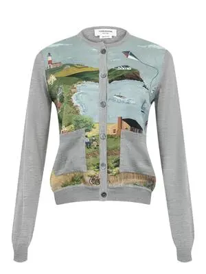 Thom Browne Nantucket Scenic Jersey Stitch Crew Neck Cardigan - Grey