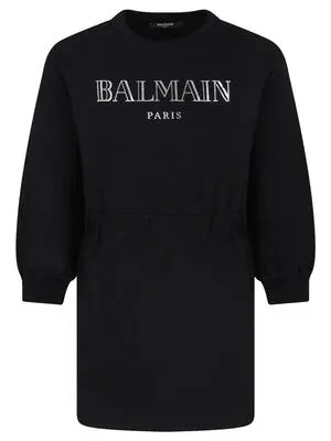 Balmain BALMAIN Long Sleeve Cotton Drawstring Jersey Dress Black/silver