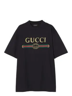 Gucci Cotton & Silk Crewneck T-shirt With Interlocking Gg Print - Nero