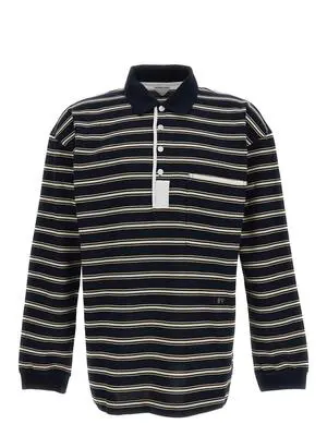 Bottega Veneta Long-sleeve Striped Piqué Polo Shirt With Chest Pocket - Blu
