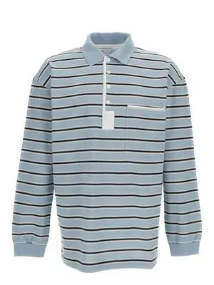 Bottega Veneta Striped Piqué Polo Shirt With Chest Pocket And Embroidered Logo - Azzurro