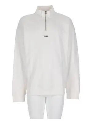 Hugo Logo Graphic Cotton Sweatshirt With Stand Collar - Ivory