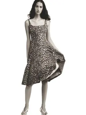 H&M Denim Midi Dress With Flared Skirt - Beige/leopard Print