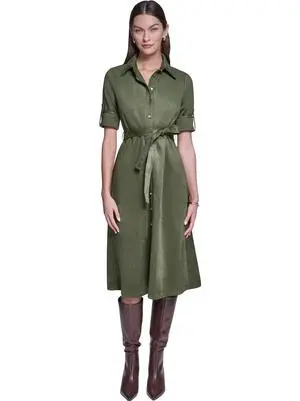 Halston Short Sleeve Midi Shirt Dress - Olive