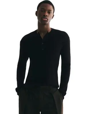 H&M Ribbed Henley Shirt With Long Sleeves - Black
