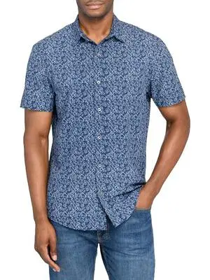 W.R.K Slim Fit Floral Stem Short Sleeve Performance Button-up Shirt Navy