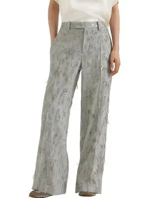 Brunello Cucinelli Virgin Wool And Cashmere Twill Flannel Loose Flared Trousers With Dazzling Lynx Embroidery - Grey