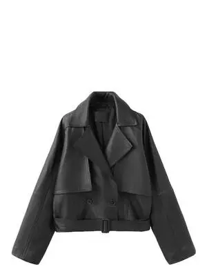 Mango Double-breasted Leather Cropped Jacket With Belt - Black