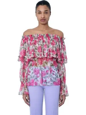 Chloé CHLOÉ Off-Shoulder Ruffled Floral Silk Blouse Pink