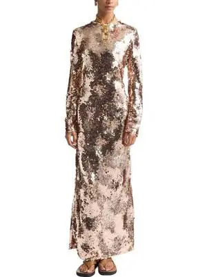Rabanne Long Sleeve Sequin Evening Dress - Rose Gold/yellow