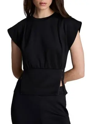KENNETH COLE Sleeveless Pleated Shoulder Crewneck Top - Black