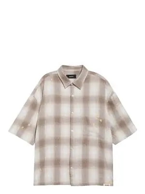 NAHMIAS Oversize Floral Embroidered Plaid Short Sleeve Cotton Flannel Button-up Shirt - Sand