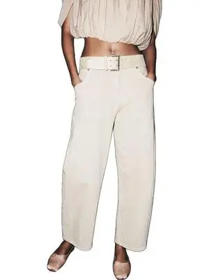 H&M High-waist Barrel-leg Ankle Jeans - Light Beige