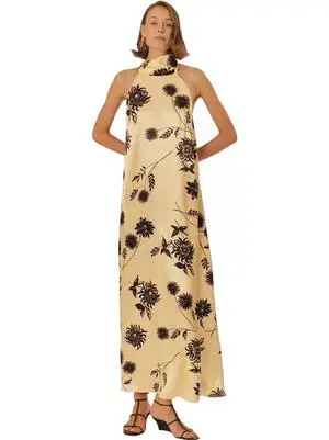 EXQUISE Halterneck Floral Viscose Maxi Dress - Ecru