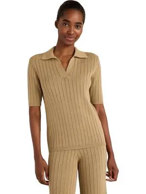 HAVEN WELL WITHIN Organic Cotton Ribbed Short Sleeve Polo Sweater - Truffle