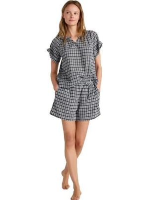 HAVEN WELL WITHIN Crepe Gauze Plaid Drawstring Shorts - Plaid Nightfall Multi