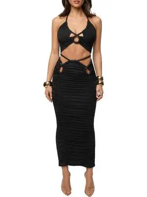 JLUXLABEL Halter Cutout Ruched Maxi Skirt Set - Black