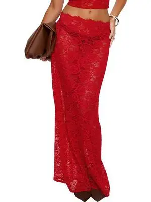 Princess Polly Vionna Sheer Floral Lace Maxi Skirt - Red