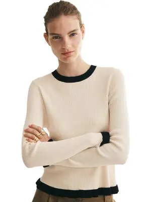 H&M Ruffle-trimmed Rib-knit Top - Cream