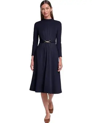 Halston Long Sleeve Knit Midi Dress With Hardware - Deep Navy